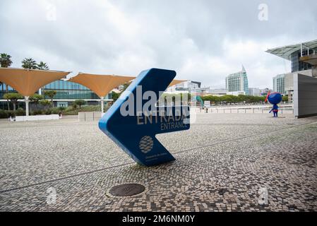 View of the entrance sign of the Oceanarium building at Lisbon ...