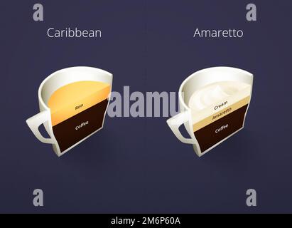 Illustration of isometric cups of coffee in a cut. Glasse, Espresso ...