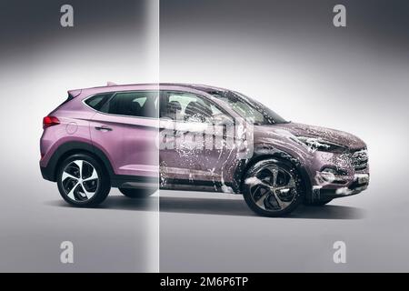 wash the car, suds, mud, before after Stock Photo - Alamy