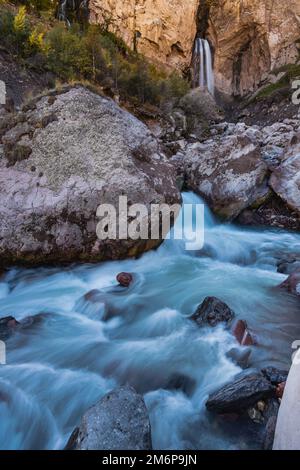 Elbrus. Sultan waterfall on the Kyzyl-Su river. bird's-eye. Kabardino ...