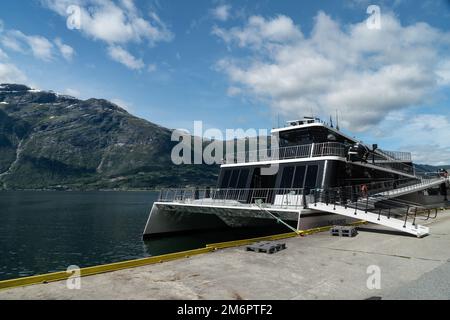Electric boat at Lofthus for cruise on the Hardangerfjord, Norway Stock ...