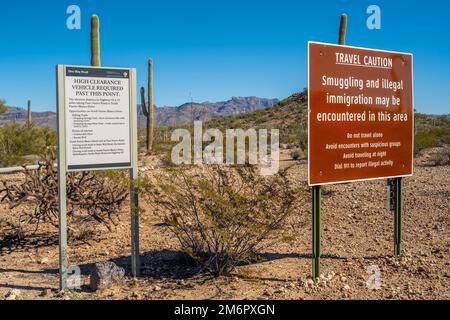 A warning signboard for travelers in Organ Pipe NM, Arizona Stock Photo ...