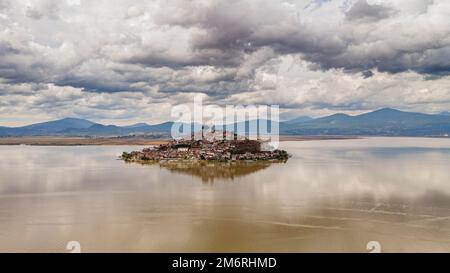 Aerial of the Janitzio island on lake Lake Patzcuaro, Michoacan, Mexico ...