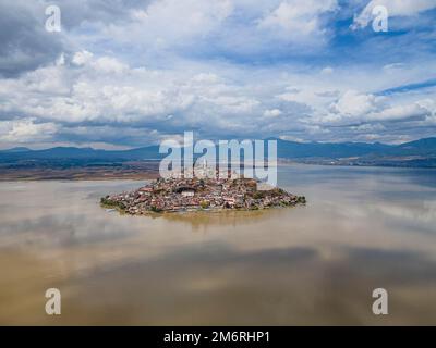 Aerial of the Janitzio island on lake Lake Patzcuaro, Michoacan, Mexico ...
