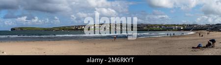 Panorama view of Kilkee Bay and village with the golden sand beach ...