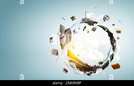 Conceptual image with business items flying in air Stock Photo - Alamy