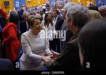 Massachusetts Governor Maura Healey greets lawmakers as she arrives for ...