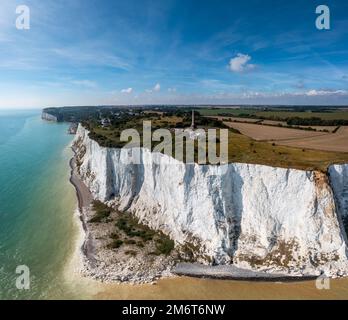 drone view of the White Cliffs of Dover and the Dover Patrol Monument ...