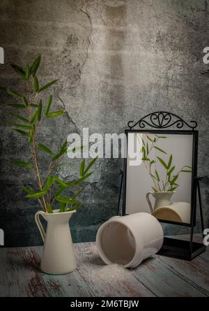 Jugs with spread ice small cubes on wooden old color table Stock Photo ...