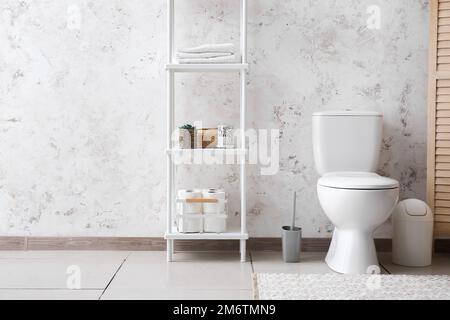 Interior of restroom with toilet bowl and shelving unit near blue wall ...