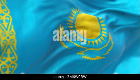 Close-up view of the Kazakhstan national flag waving in the wind Stock ...