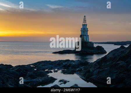 the Athopol Lighthouse on the Black Sea coast of Bulgaria with tidal ...