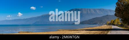 A panorama view of Pogradec Beach and mountains on the southern shores ...