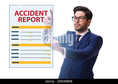 Businessman pressing buttons on the virtual accident report Stock Photo ...
