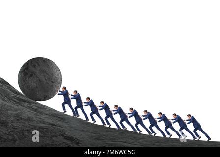 Team of people pushing stone uphill Stock Photo - Alamy