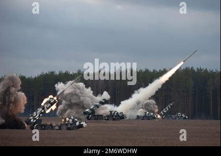 Launch of military missiles (rocket artillery) at the firing field ...