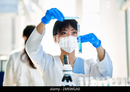 Female scientist making research pouring reagent into test tubes ...