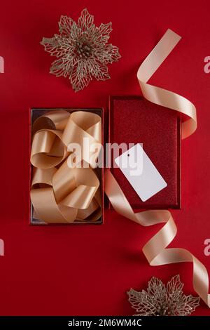 A Christmas blank template design idea. Red decorative balls, ribbon ...