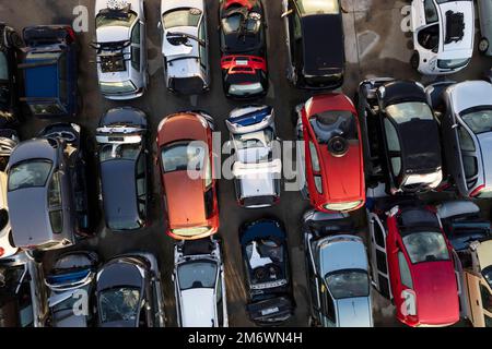 Aerial view of a small car demolition park Stock Photo - Alamy