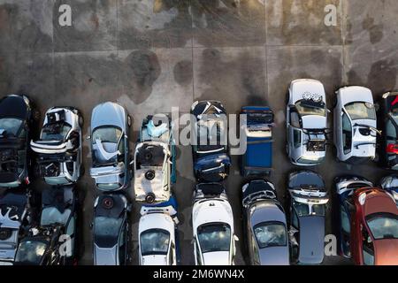 Aerial view of a small car demolition park Stock Photo - Alamy
