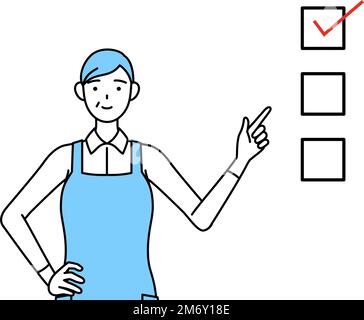 A senior woman in an apron pointing at a whiteboard with an indicator ...