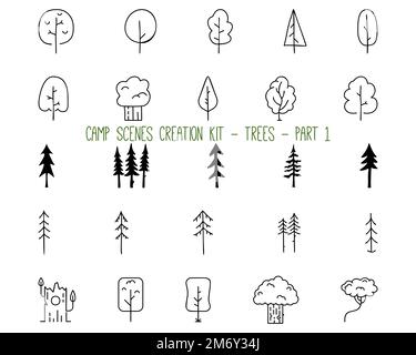 Tree icons. Set of linear tree icons. Icons of different trees isolated ...