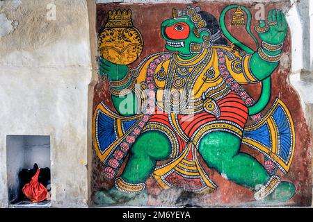 Mural painting of Hanuman in Maratha Darbar Hall in Tanjore Thanjavur ...