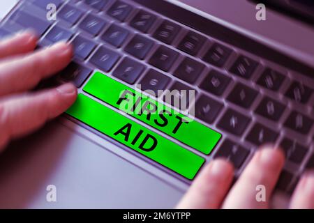 Text sign showing First Aid. Business concept Practise of healing small ...