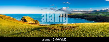 Panorama across Benoath Cove and Bossiney Haven, Tintagel, Cornwall, UK ...