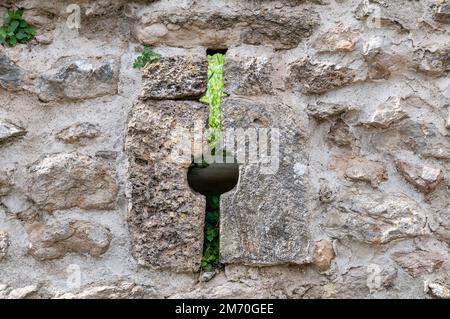 Embrasure in a castle wall, Claramunt castle, Pobla de Claramunt ...