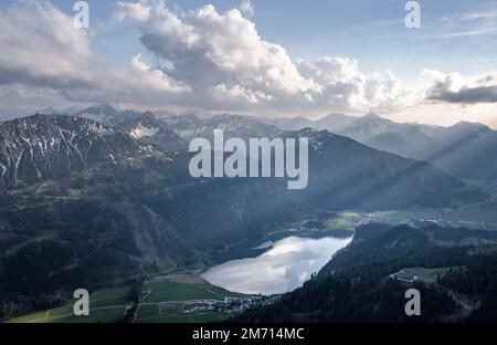 Evening atmosphere, Haldensee and Tannheim Mountains, Allgaeu Alps ...