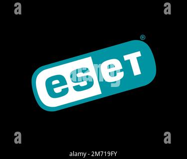 ESET, rotated logo, black background B Stock Photo - Alamy