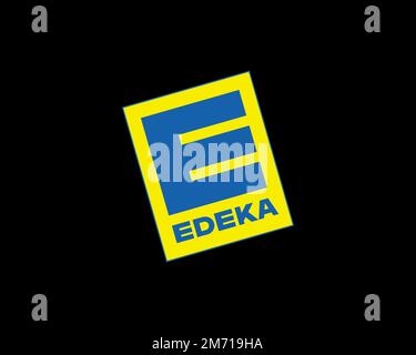 Edeka, rotated logo, black background B Stock Photo - Alamy