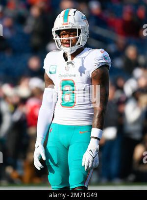 Miami Dolphins safety Jevon Holland (8) yells and reacts as he ...