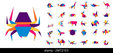 Colorful origami animals. Abstract polygon animals. Folded paper shapes ...