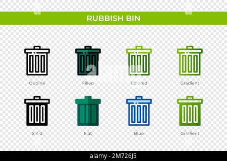 Rubbish bin icon in different style. Rubbish bin vector icons designed in outline, solid ...