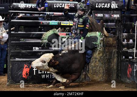 Derek Kolbaba rides Salty Brindle during the Professional Bull Riders ...