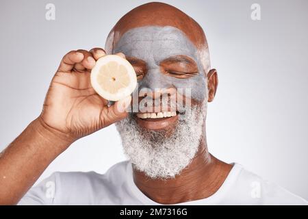 Skincare, lemon or happy old man with face mask marketing or ...
