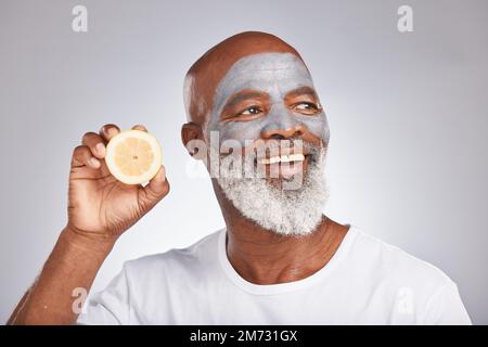 Skincare, lemon or happy old man with face mask marketing or ...