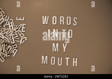 WORDS INTO MY MOUTH in wooden English words language capital letters ...