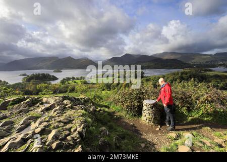 Walker on Castlehead fell above Derwentwater, Keswick town, Cumbria ...