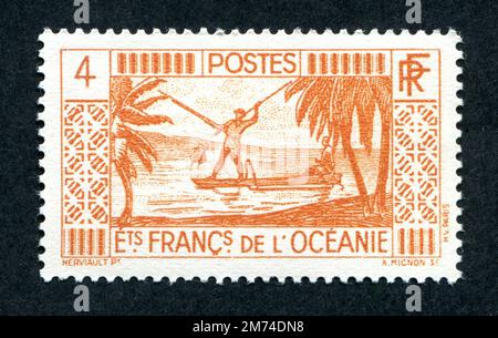 1934-1939 issue 2 Franc French Oceania postage stamp depicting a spear ...