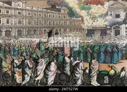 Dedication of the Temple, crowd, King Solomon, kneeling, incense ...