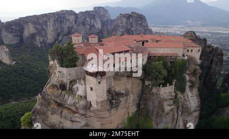 An aerial shot of the Monastery of Varlaam on the Meteora rock ...