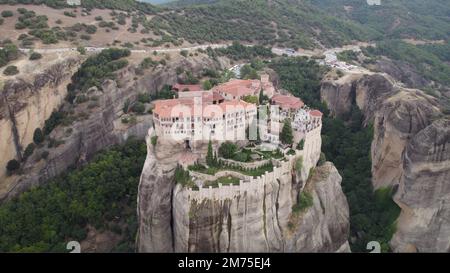 An aerial shot of the Monastery of Varlaam on the Meteora rock ...