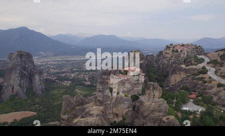 An aerial shot of the Monastery of Varlaam on the Meteora rock ...
