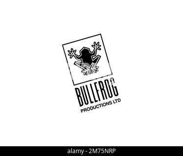 Bullfrog Productions, rotated logo, white background B Stock Photo - Alamy