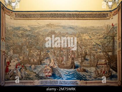 Large Tapestry on display at the Real Alcazar of Seville Stock Photo ...