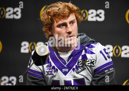 TCU quarterback Max Duggan (15) during National Championship Media Day ...