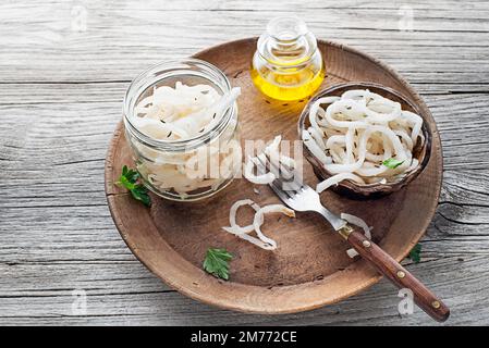 Traditional fresh and healthy sour turnip in glass jar on wooden ...
